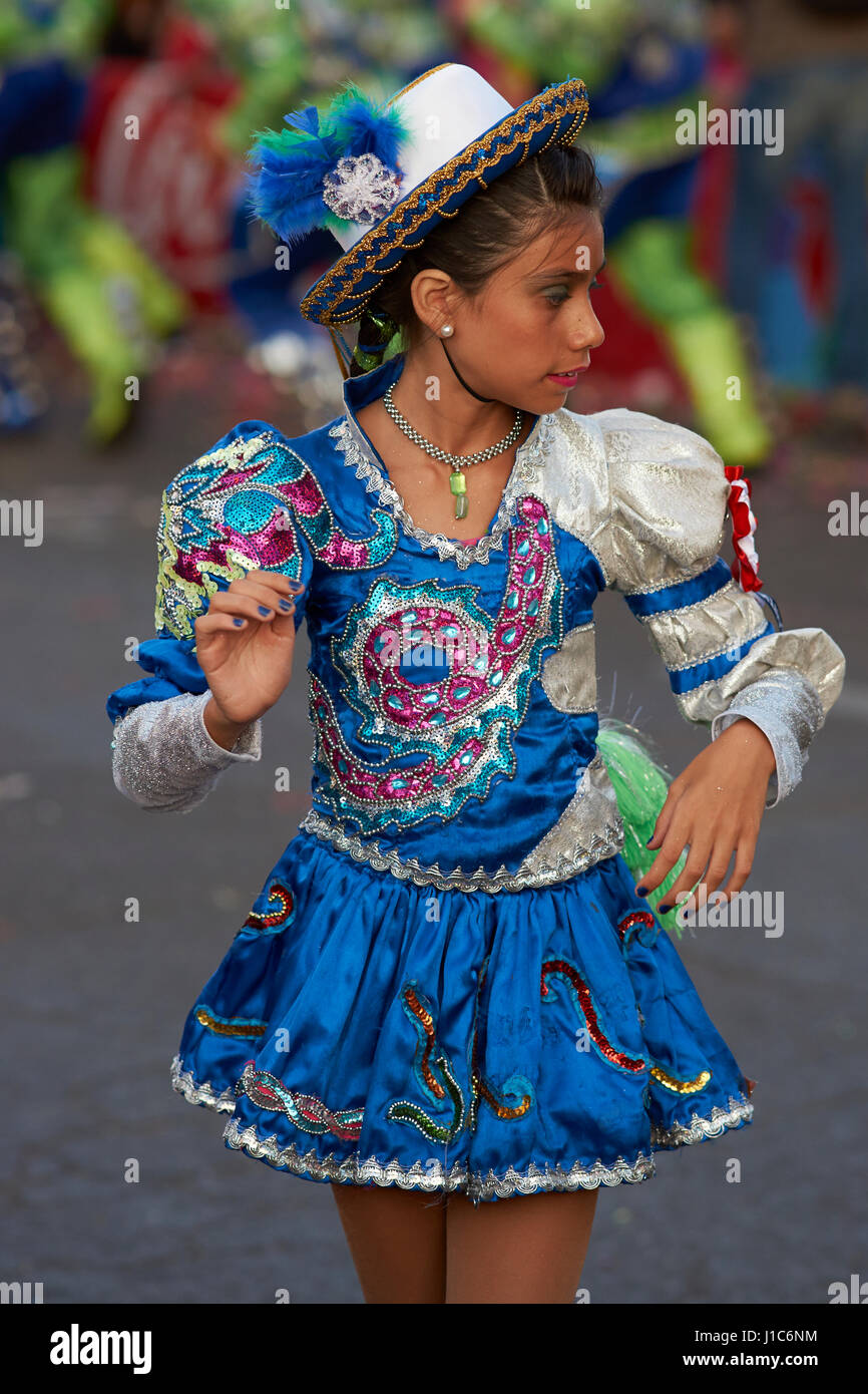 Morenada dancer in traditional Andean costume performing at the annual ...