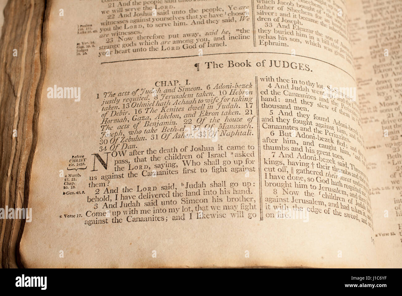 The book of Judges in a 200 year old bible, old testament Stock Photo ...