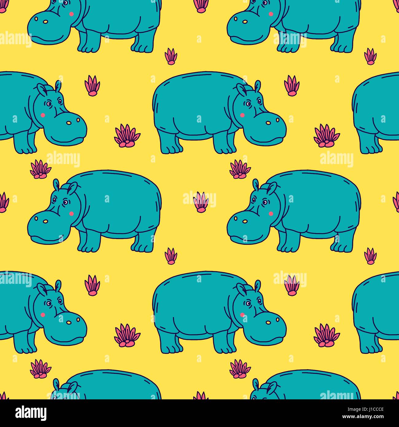 Cartoon animal, cute hippo on green backgrounds Stock Vector Image ...