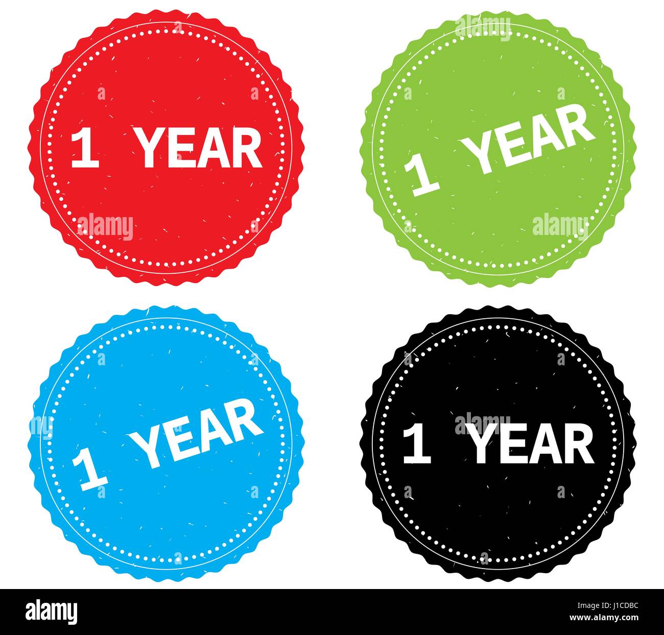 1 YEAR text, on round wavy border stamp badge, in color set Stock Photo ...