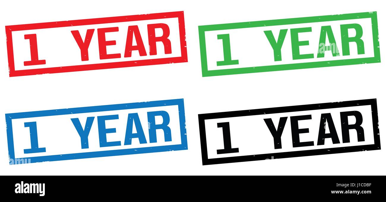 1 YEAR text, on rectangle border stamp sign, in color set Stock Photo ...