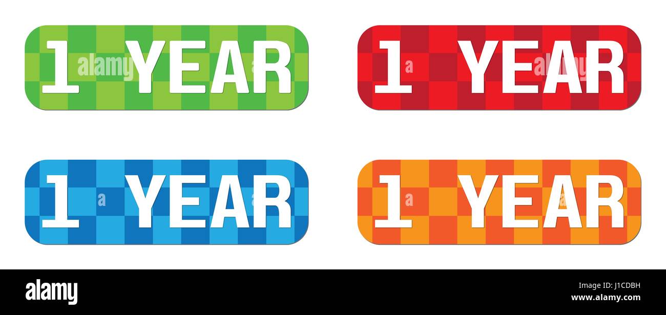 1 YEAR text, on rectangle, zig zag pattern stamp sign, in color set ...