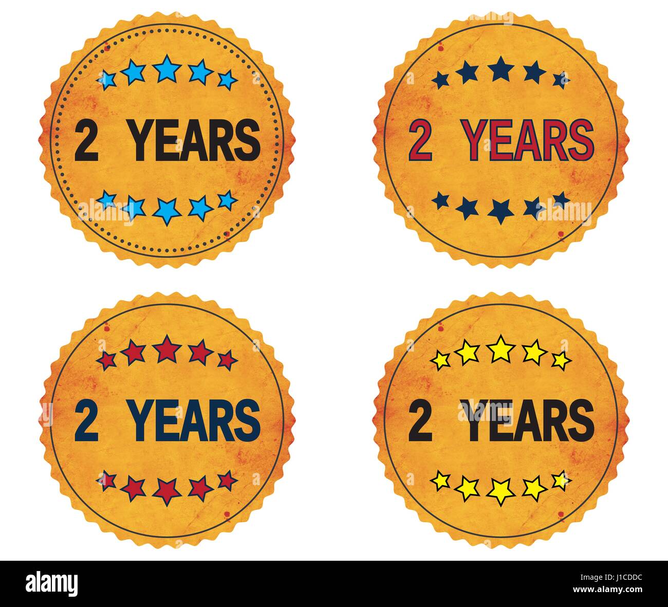 2 YEARS text, on round wavy border vintage stamp badge, in color set ...
