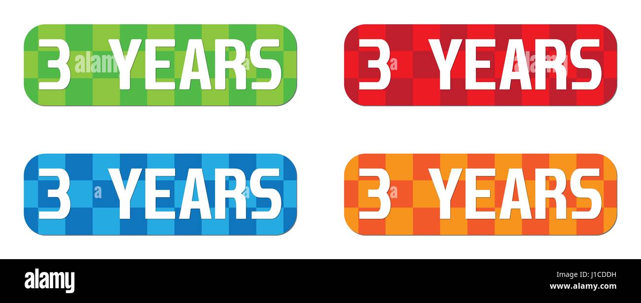 3 YEARS text, on rectangle, zig zag pattern stamp sign, in color set ...