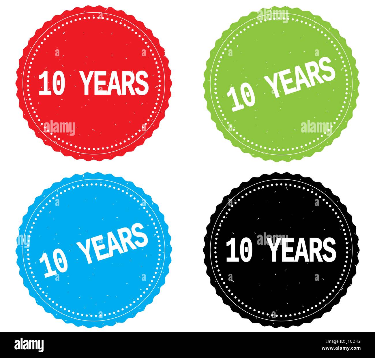 10 YEARS text, on round wavy border stamp badge, in color set Stock ...