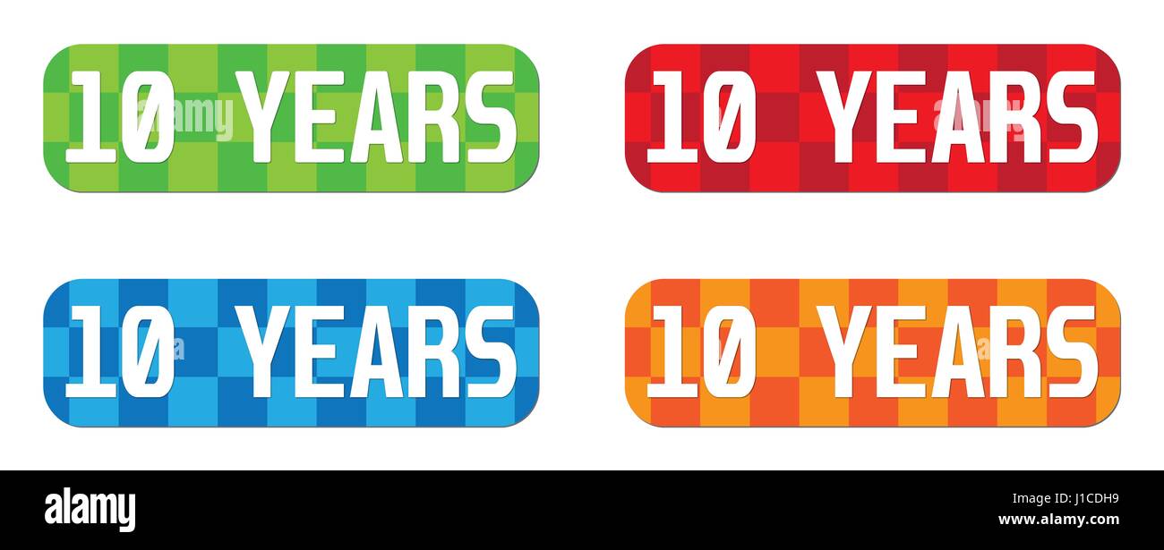 10 YEARS text, on rectangle, zig zag pattern stamp sign, in color set ...