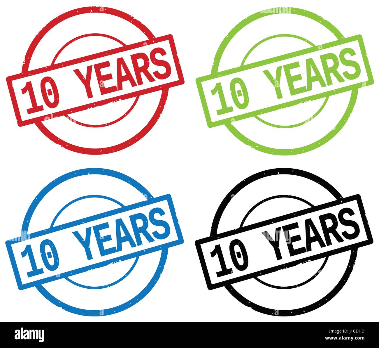 10 YEARS text, on round simple stamp sign, in color set Stock Photo - Alamy