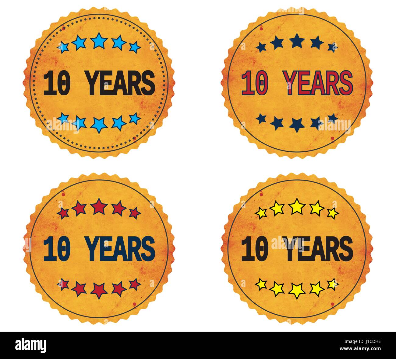 10 YEARS text, on round wavy border vintage stamp badge, in color set ...