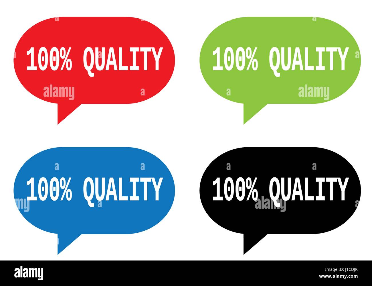 100 PERCENT QUALITY text, on rectangle speech bubble sign, in color set ...