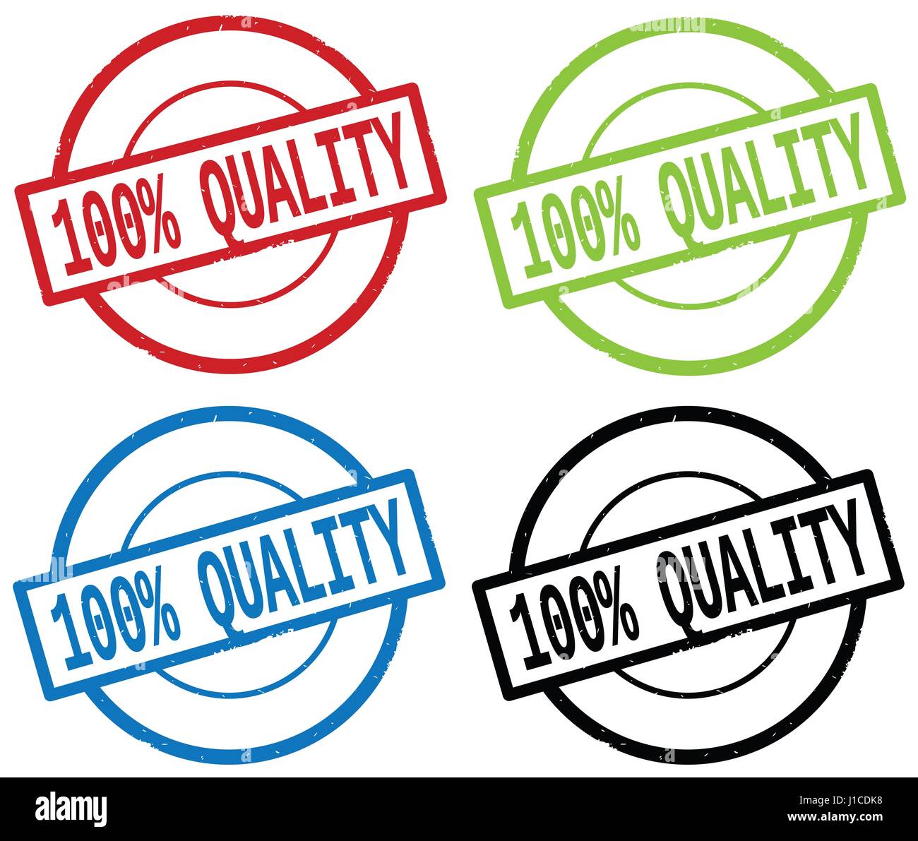 100 PERCENT QUALITY text, on round simple stamp sign, in color set ...