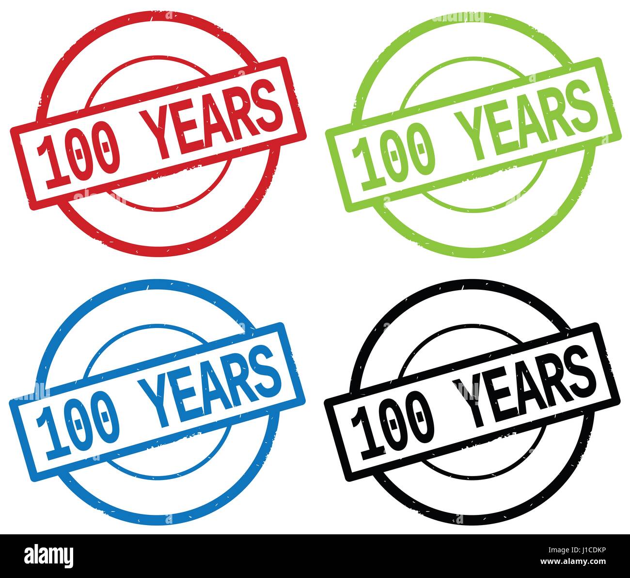 100 YEARS text, on round simple stamp sign, in color set Stock Photo ...