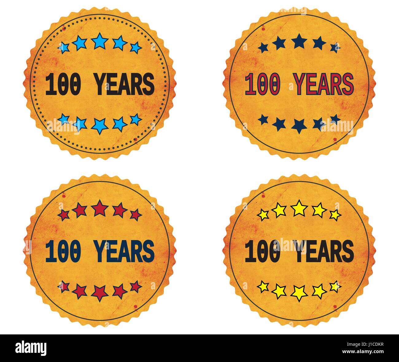 100 YEARS text, on round wavy border vintage stamp badge, in color set ...