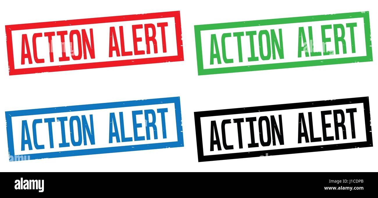 ACTION ALERT text, on rectangle border stamp sign, in color set Stock ...