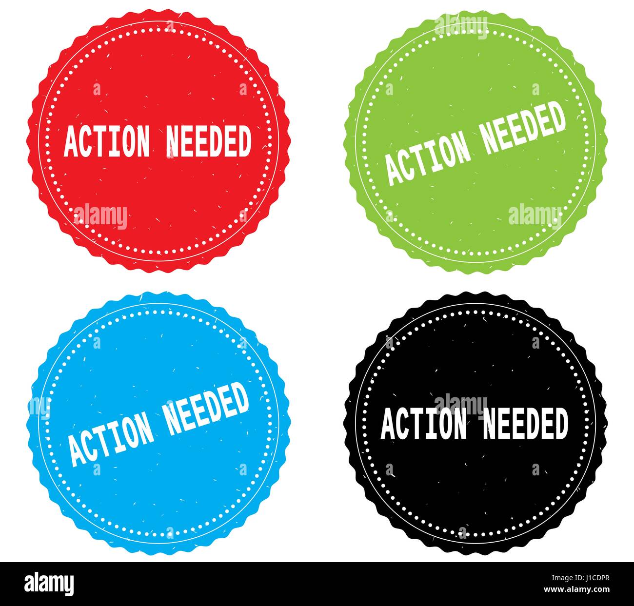 ACTION NEEDED text, on round wavy border stamp badge, in color set ...