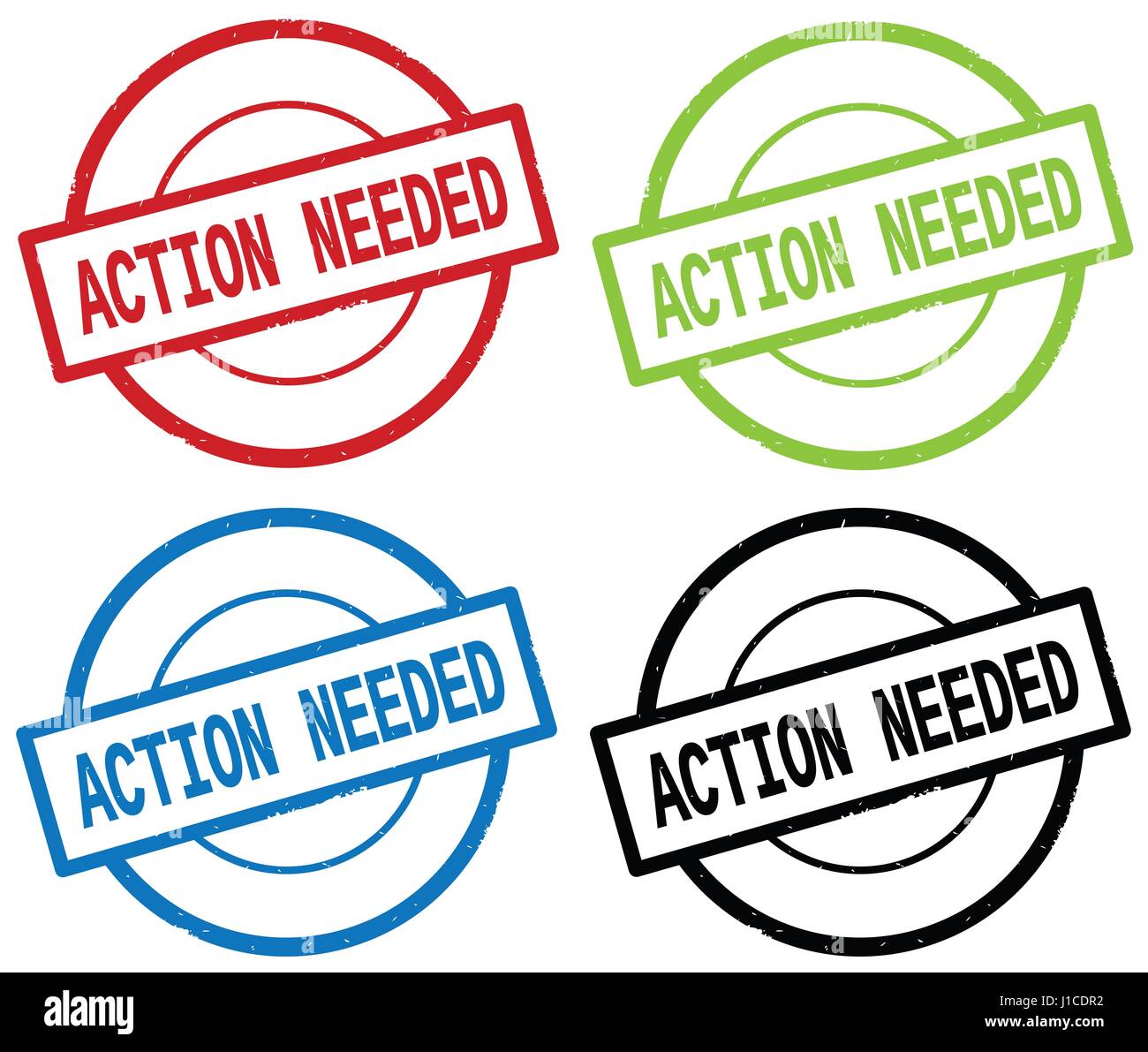 ACTION NEEDED text, on round simple stamp sign, in color set Stock ...