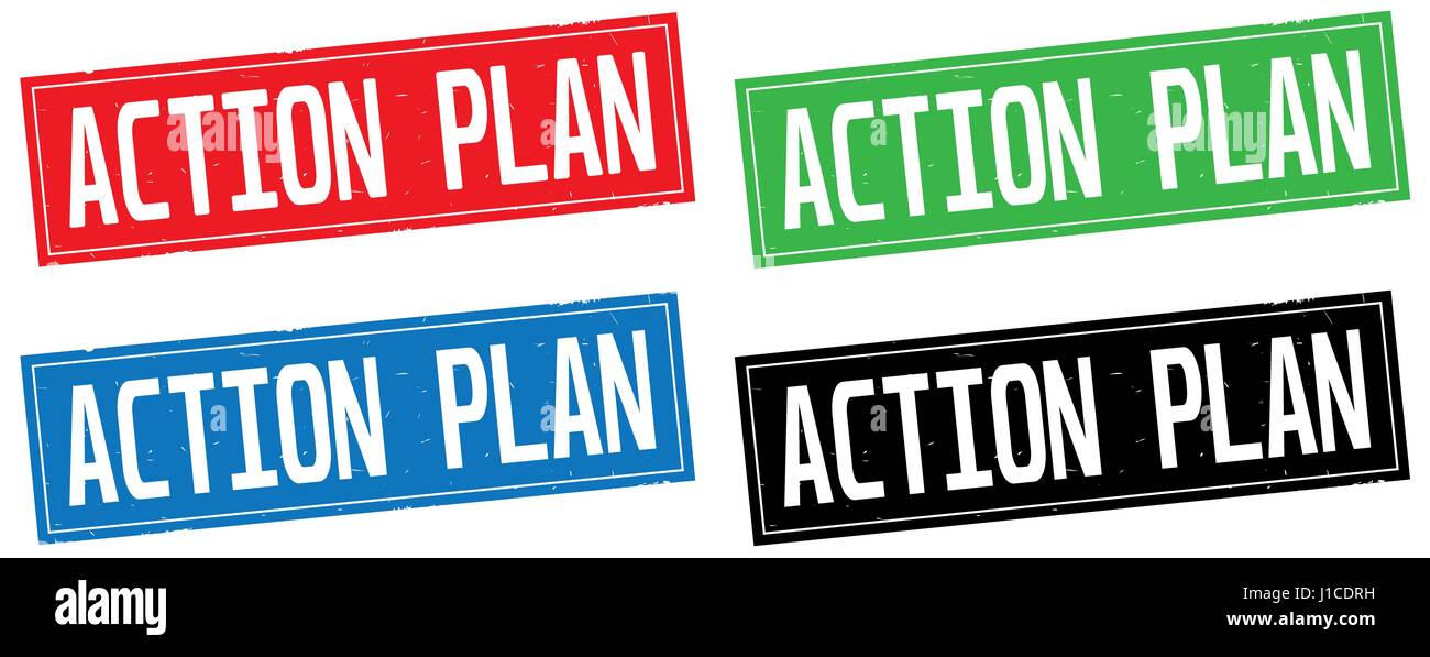 ACTION PLAN text, on rectangle stamp sign, in color set Stock Photo - Alamy