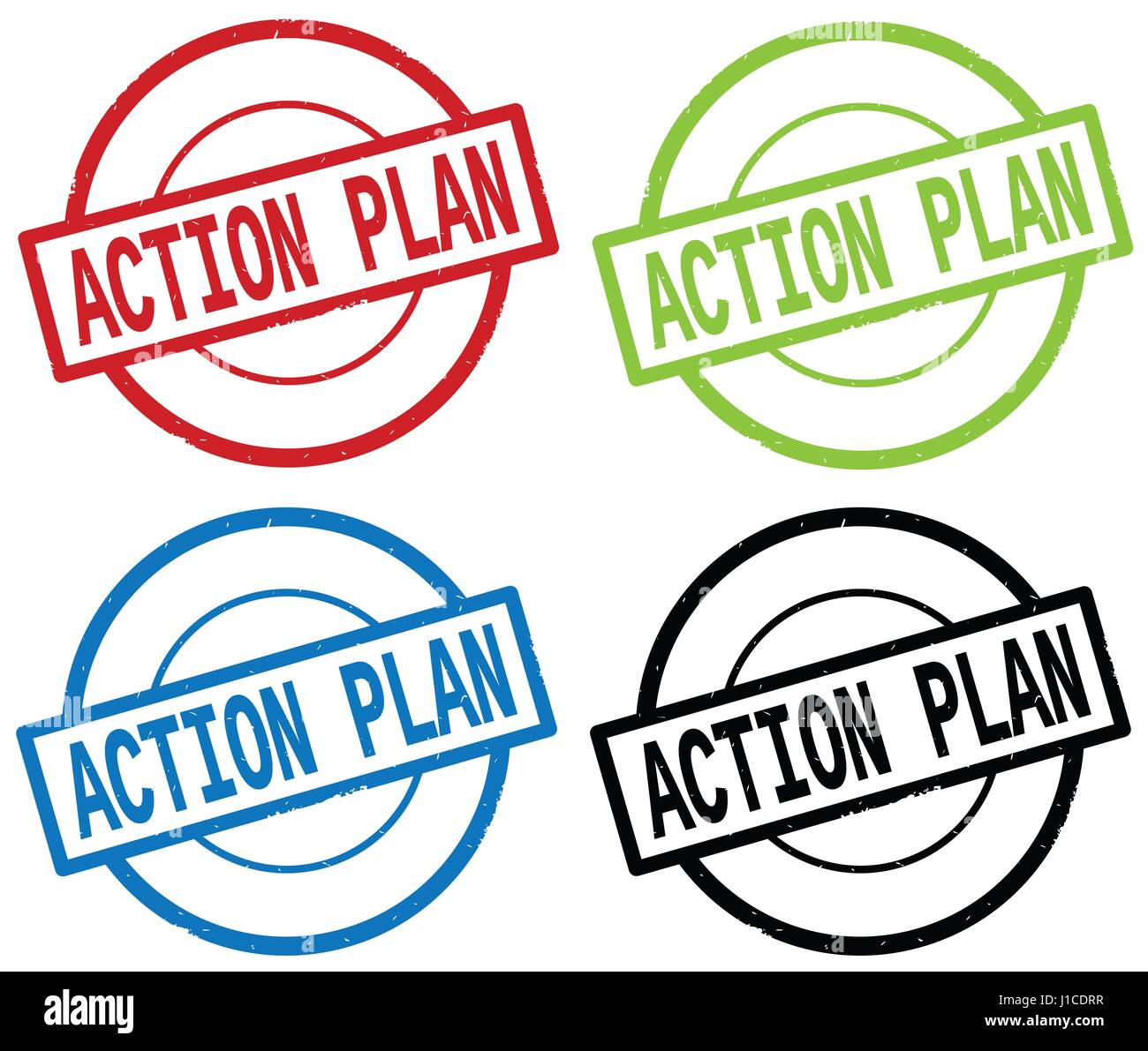 ACTION PLAN text, on round simple stamp sign, in color set Stock Photo ...