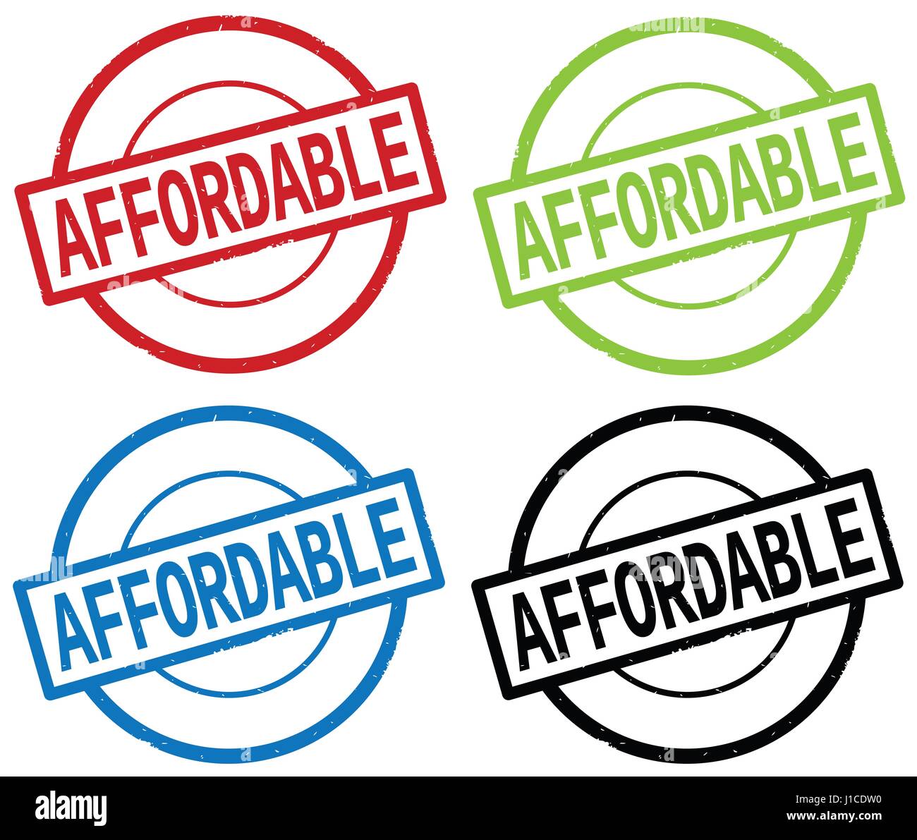 AFFORDABLE text, on round simple stamp sign, in color set Stock Photo ...