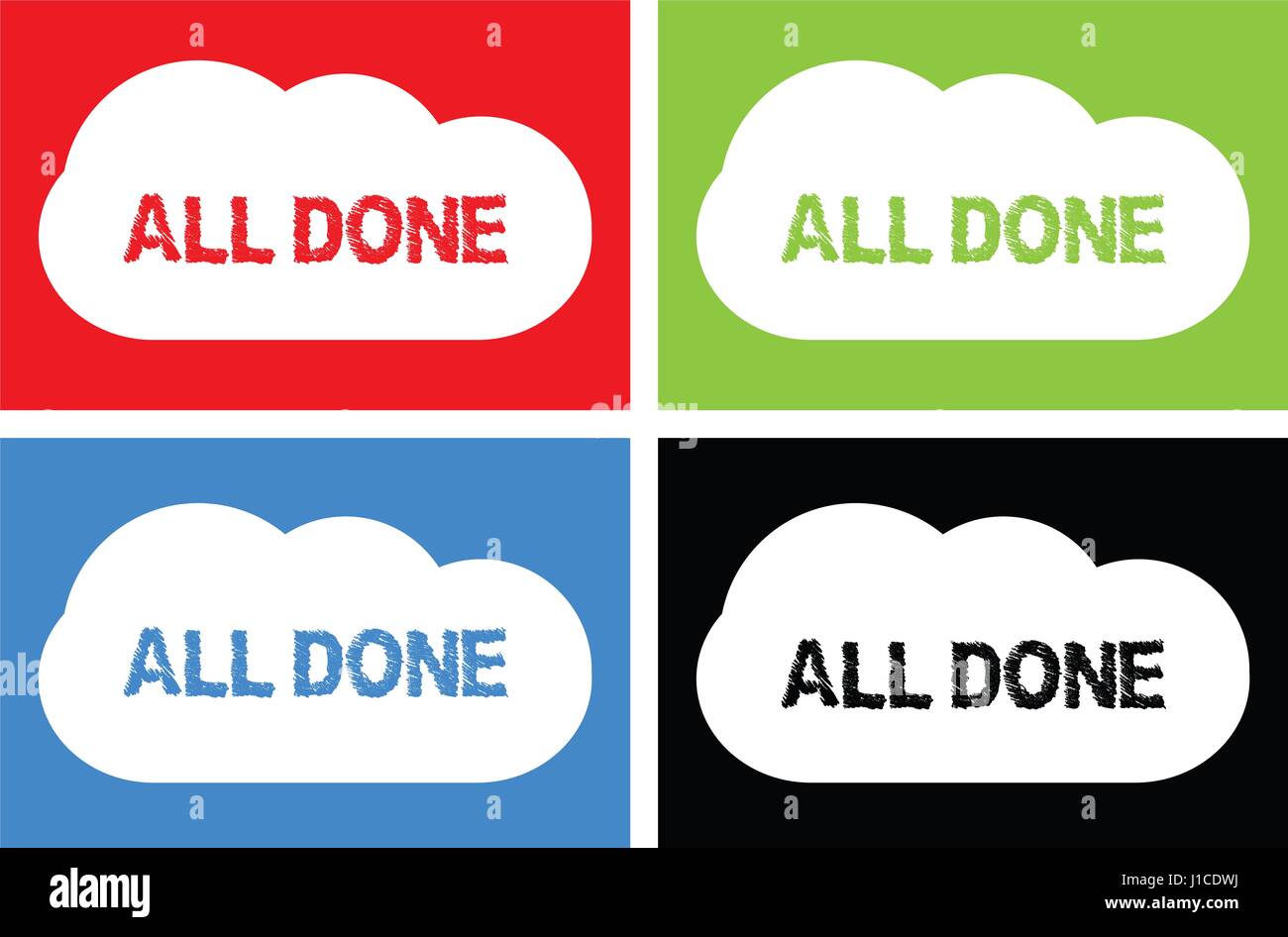 ALL DONE text, on cloud bubble sign, in color set Stock Photo - Alamy