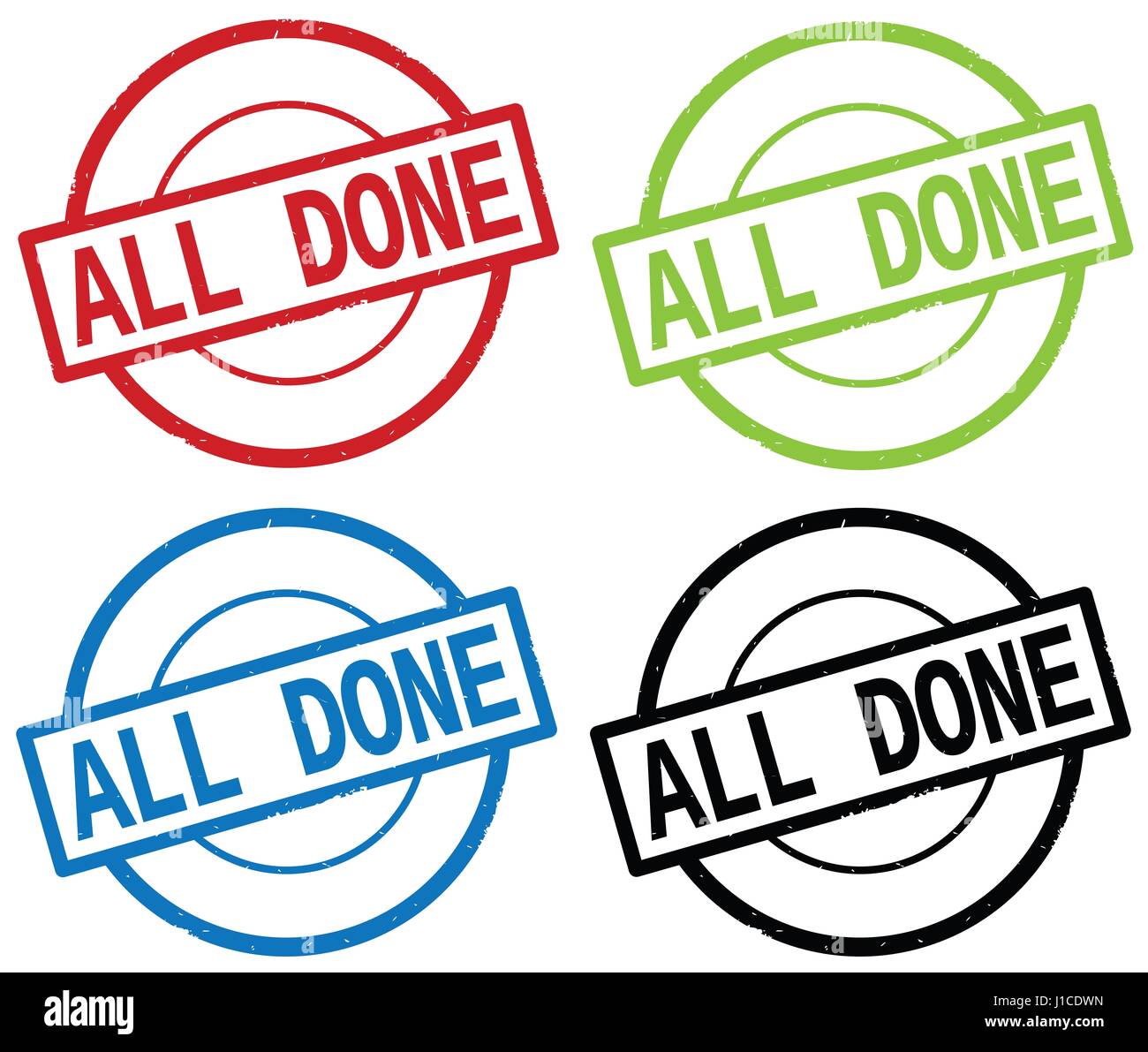 ALL DONE text, on round simple stamp sign, in color set Stock Photo - Alamy