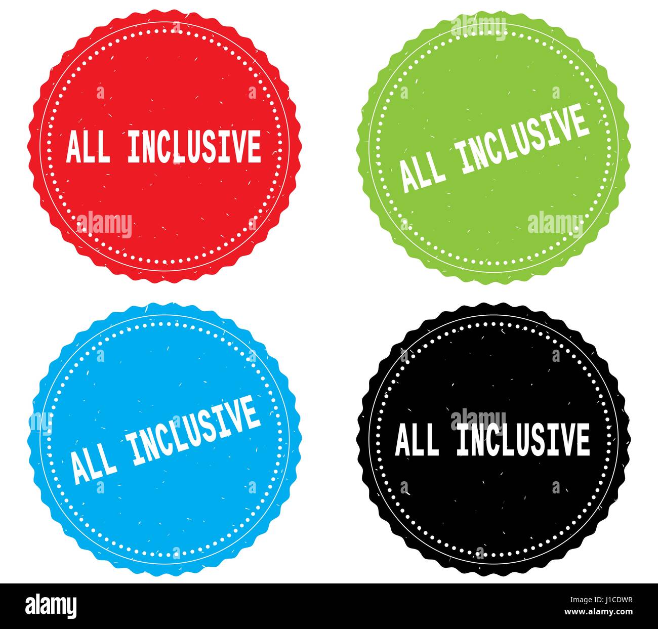 ALL INCLUSIVE text, on round wavy border stamp badge, in color set ...