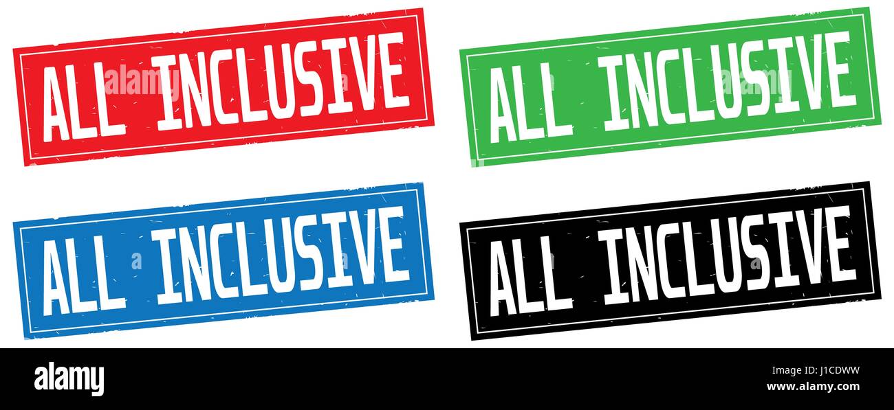 ALL INCLUSIVE text, on rectangle stamp sign, in color set Stock Photo ...
