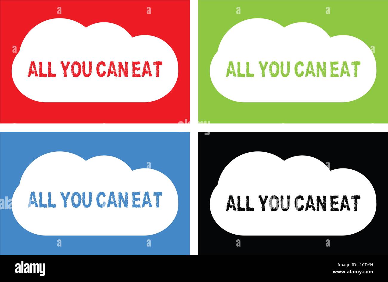 ALL YOU CAN EAT text, on cloud bubble sign, in color set Stock Photo ...