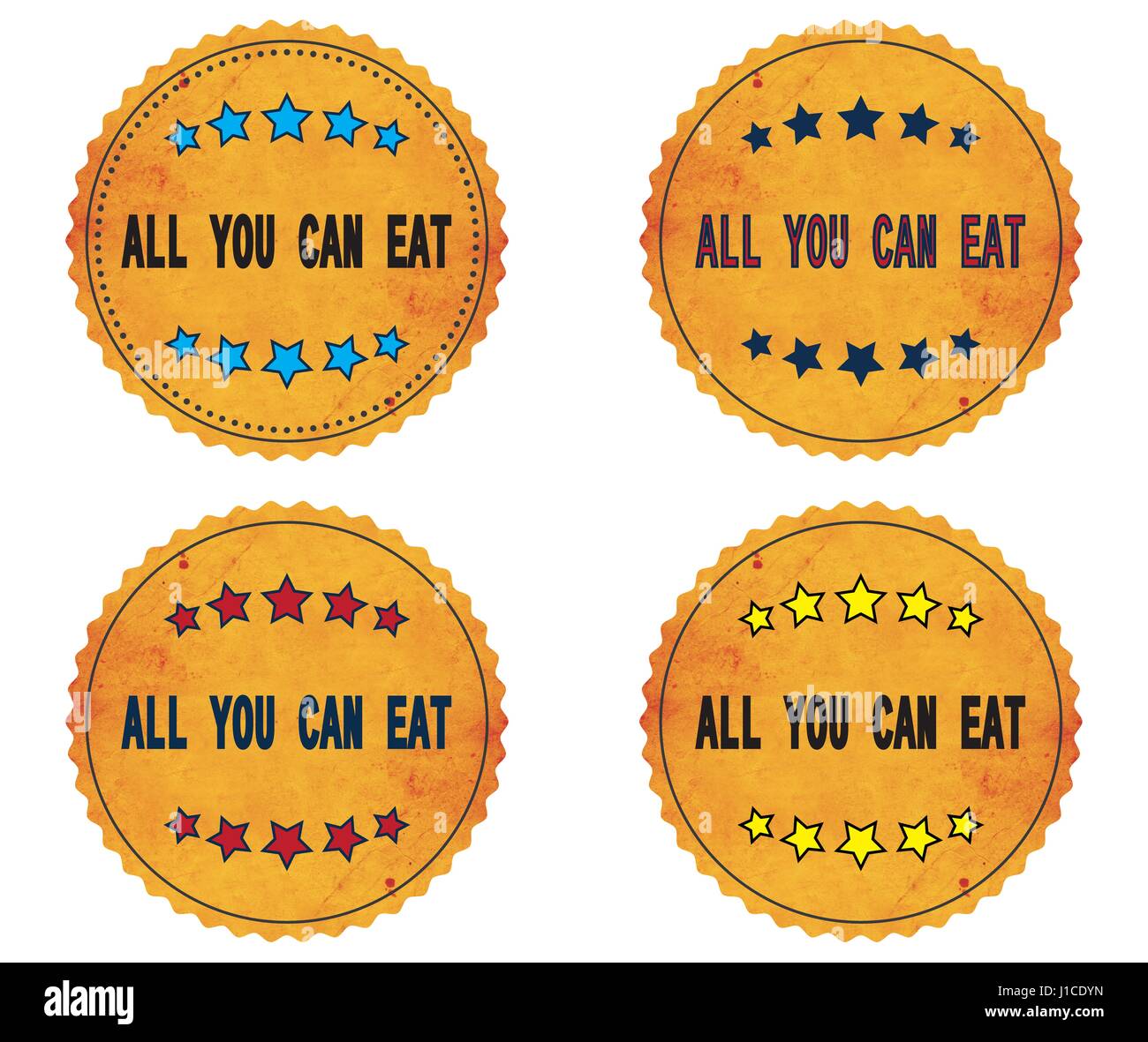 ALL YOU CAN EAT text, on round wavy border vintage stamp badge, in ...