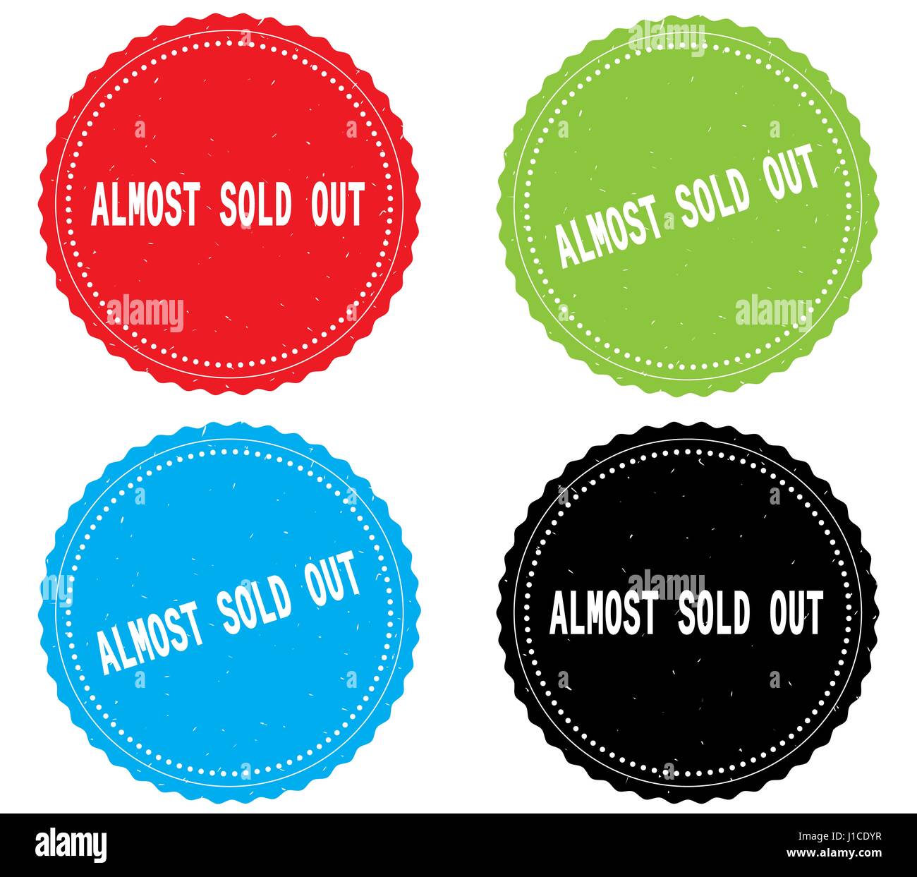 ALMOST SOLD OUT text, on round wavy border stamp badge, in color set ...