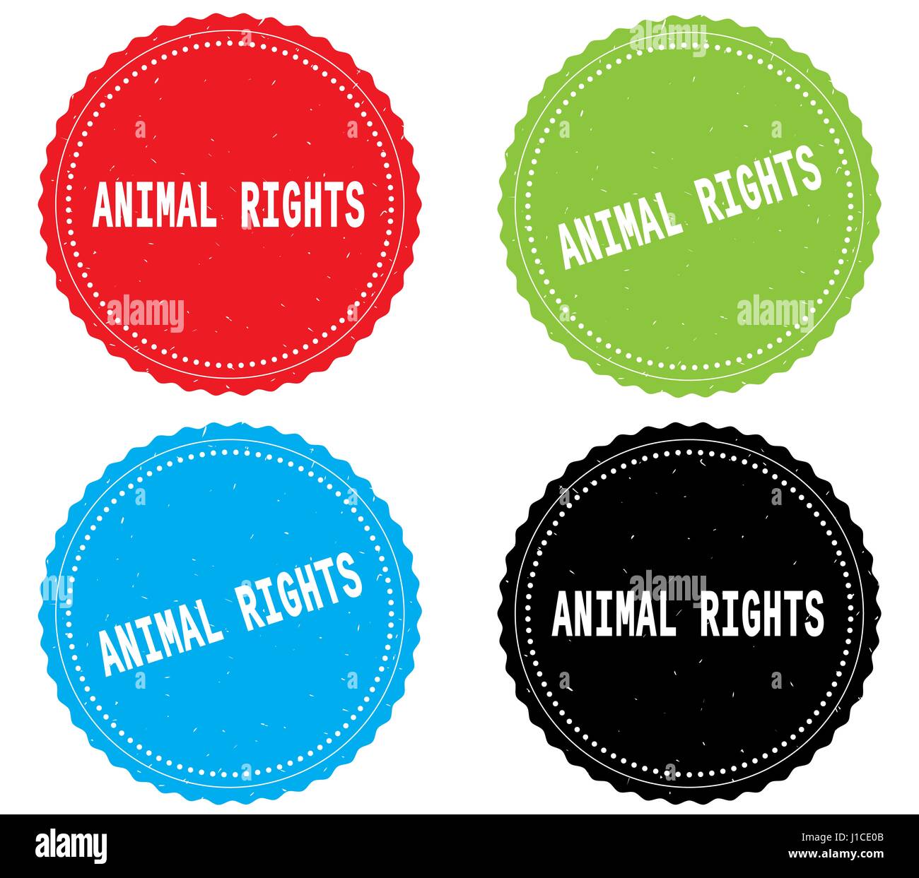 ANIMAL RIGHTS text, on round wavy border stamp badge, in color set ...