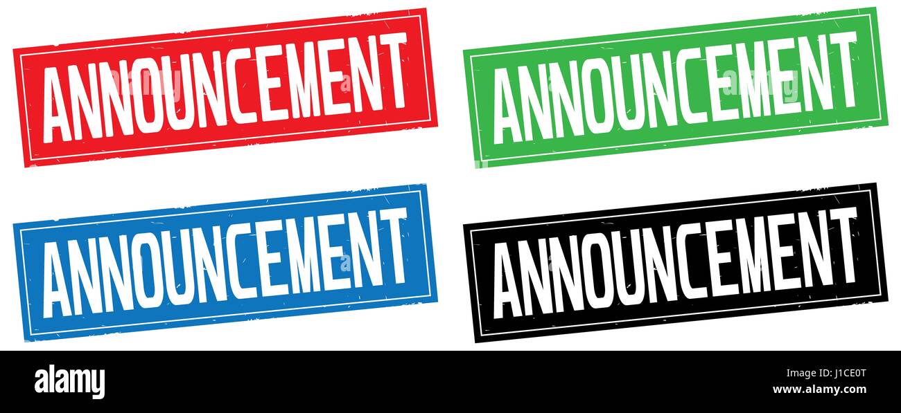 ANNOUNCEMENT text, on rectangle stamp sign, in color set Stock Photo ...