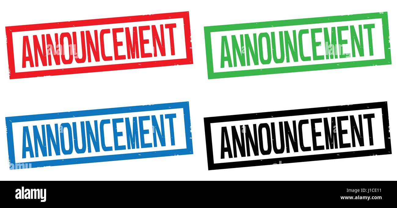 ANNOUNCEMENT text, on rectangle border stamp sign, in color set Stock ...
