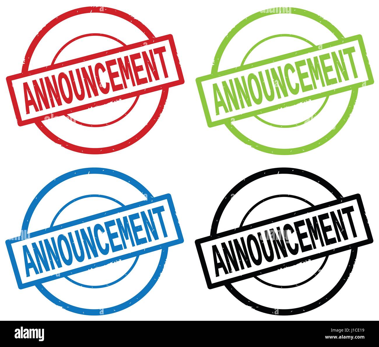 ANNOUNCEMENT text, on round simple stamp sign, in color set Stock Photo ...