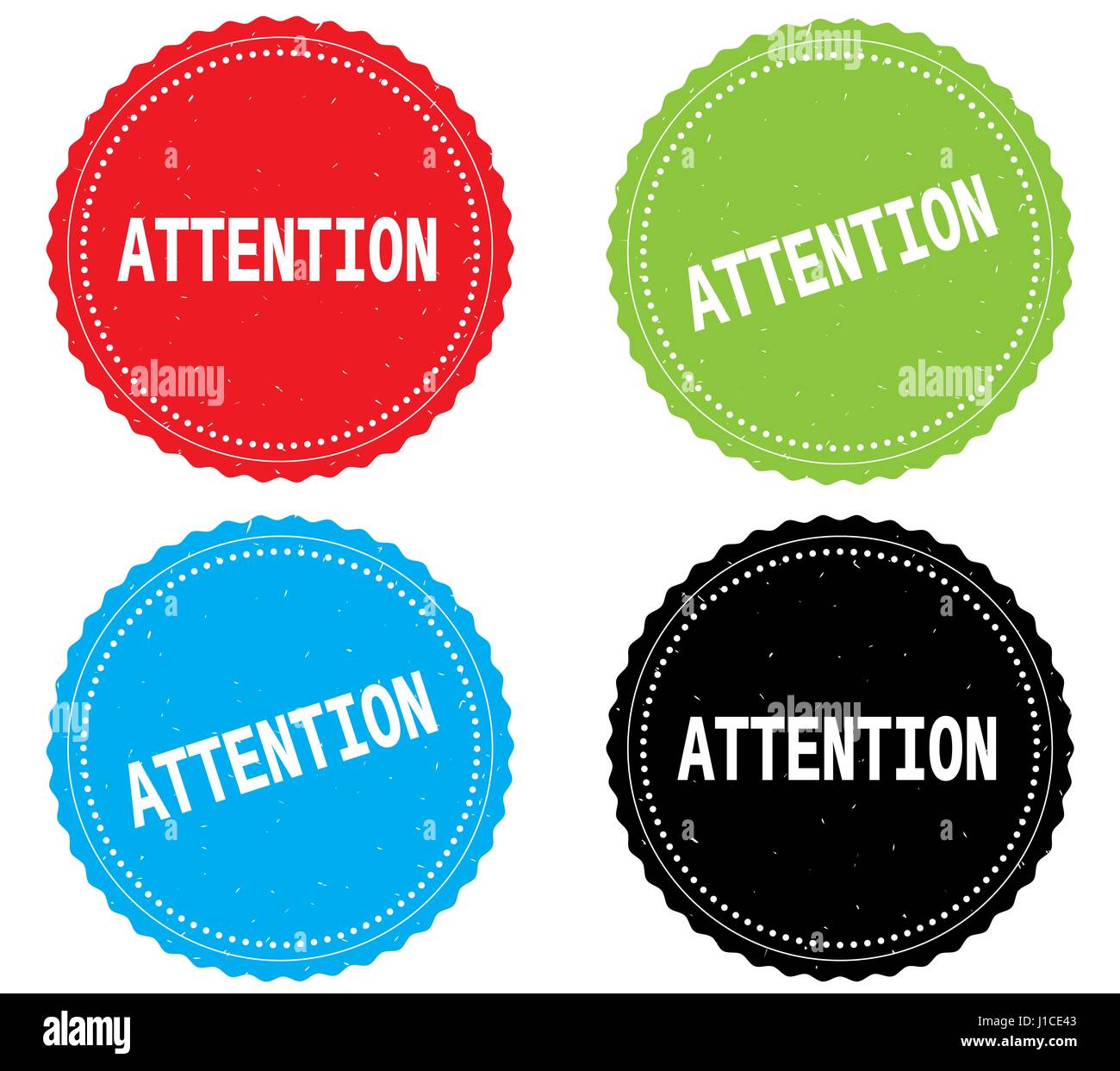 ATTENTION text, on round wavy border stamp badge, in color set Stock ...