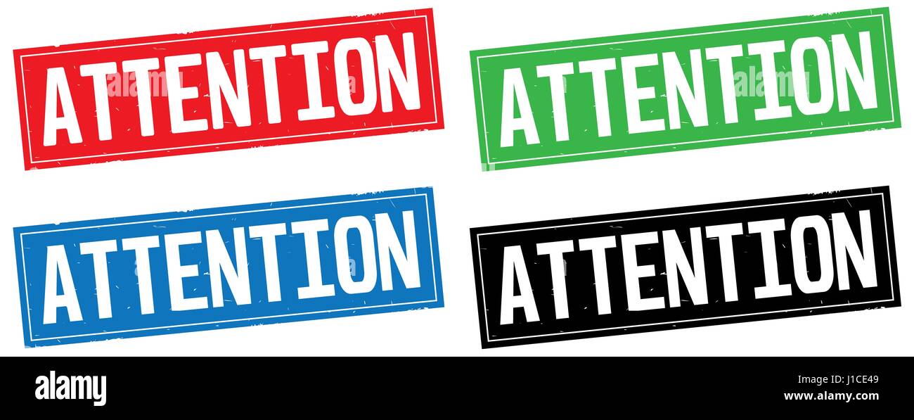 ATTENTION text, on rectangle stamp sign, in color set Stock Photo - Alamy