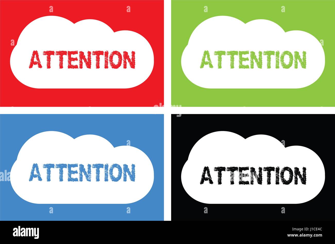 ATTENTION text, on cloud bubble sign, in color set Stock Photo - Alamy