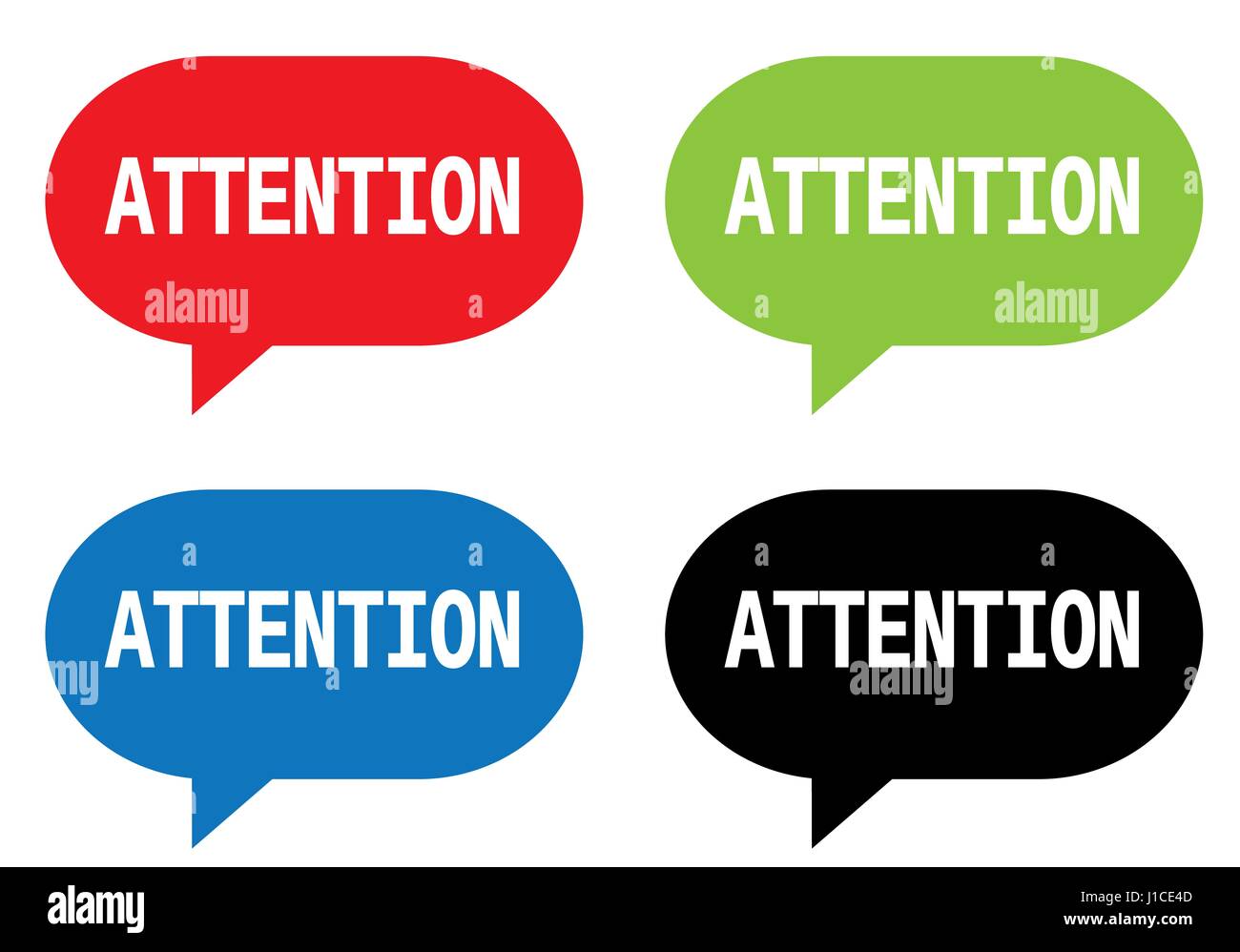 ATTENTION text, on rectangle speech bubble sign, in color set Stock ...