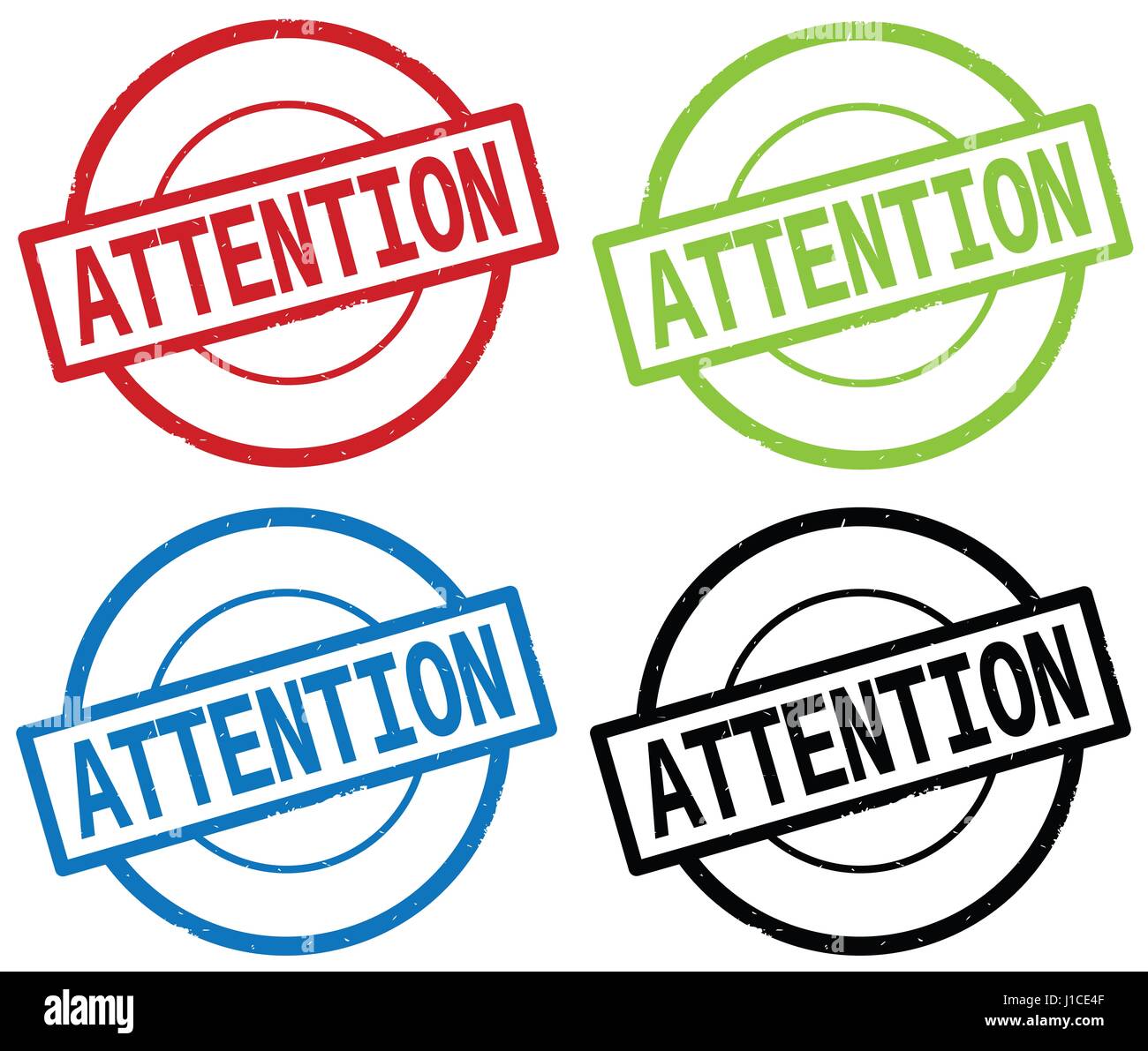 ATTENTION text, on round simple stamp sign, in color set Stock Photo ...