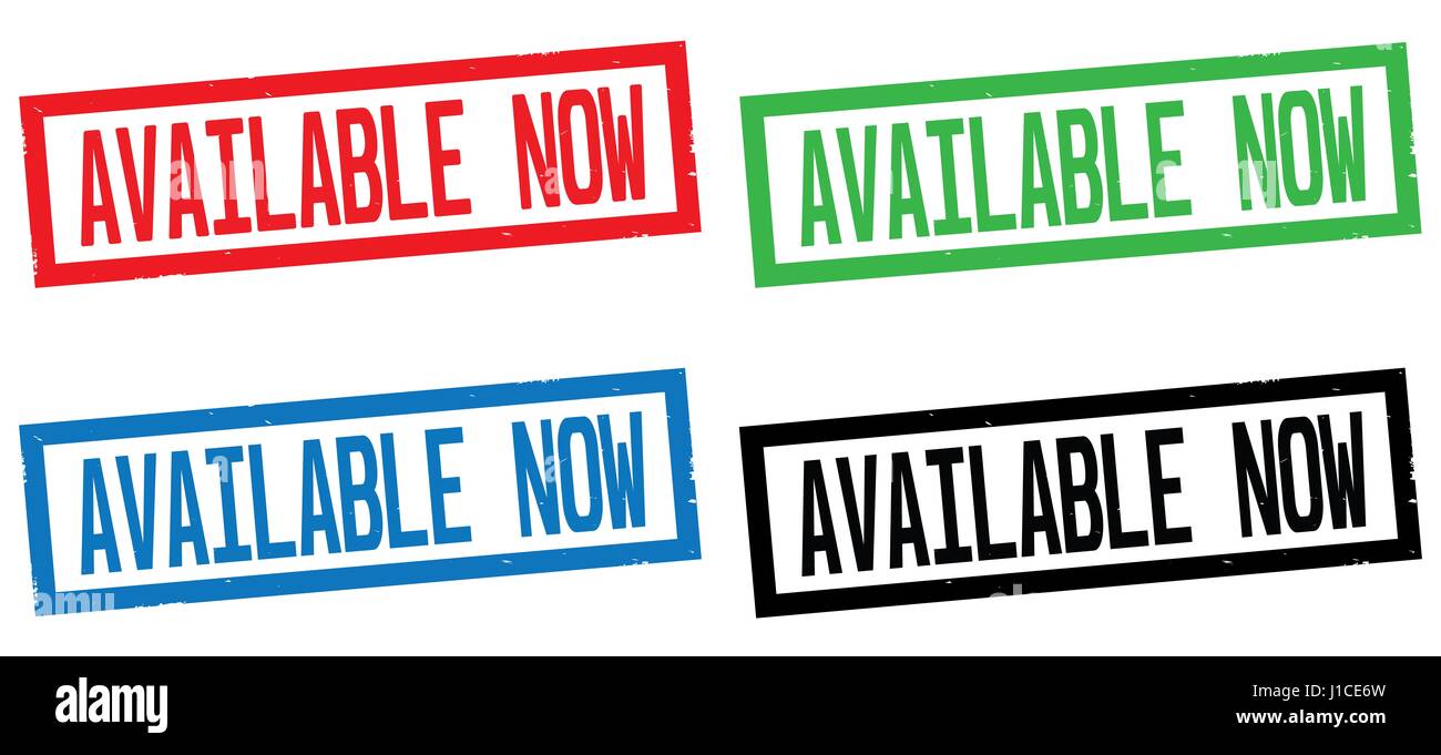 AVAILABLE NOW text, on rectangle border stamp sign, in color set Stock ...