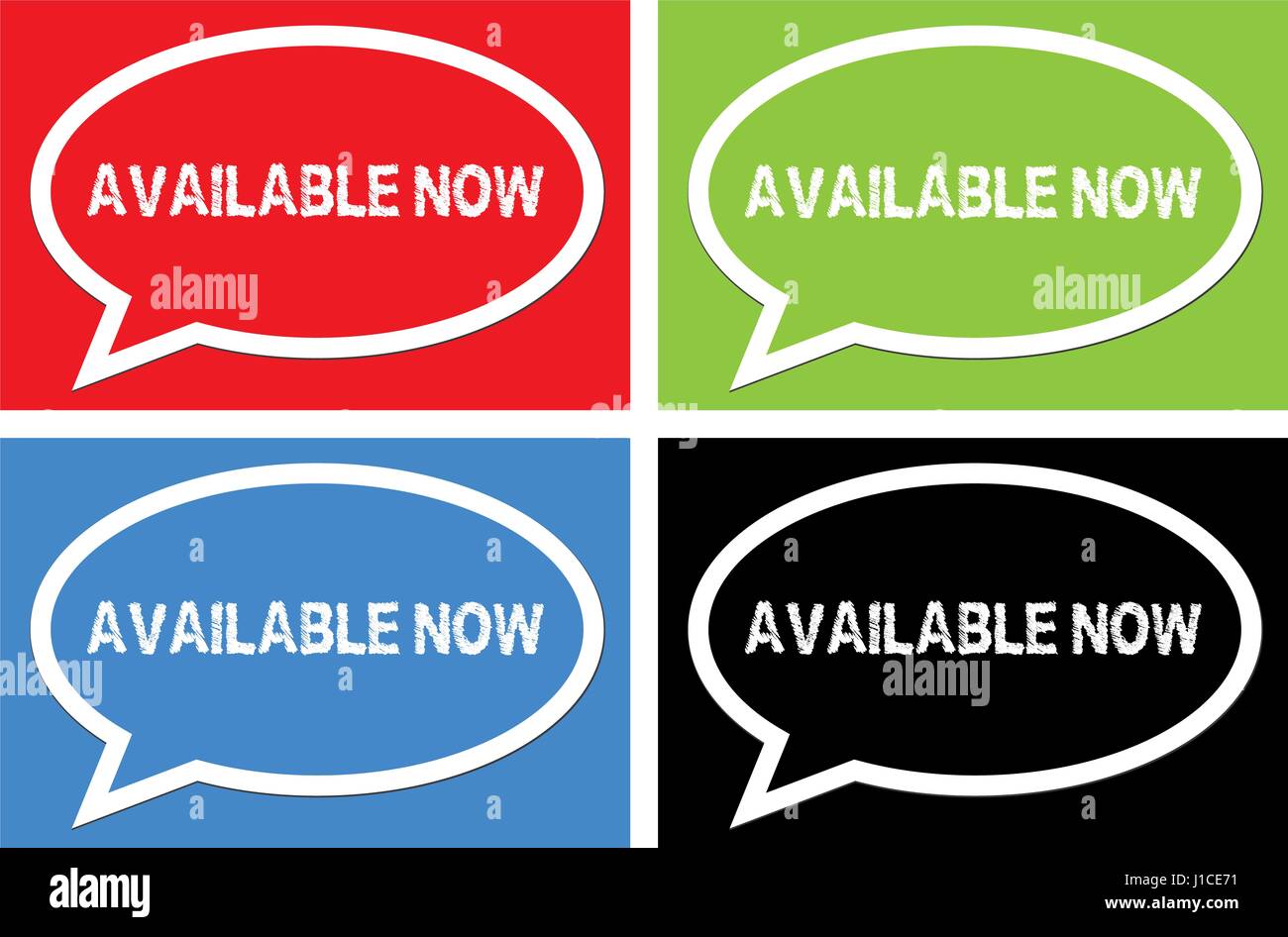 AVAILABLE NOW text, on ellipse speech bubble sign, in color set Stock ...