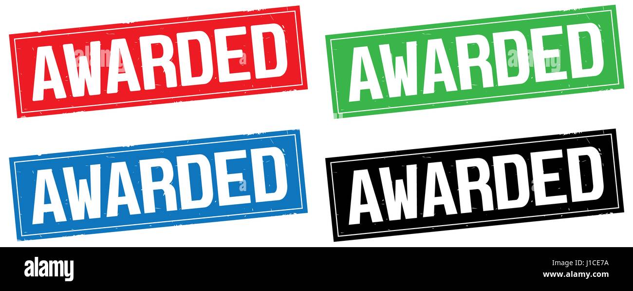 AWARDED text, on rectangle stamp sign, in color set Stock Photo - Alamy