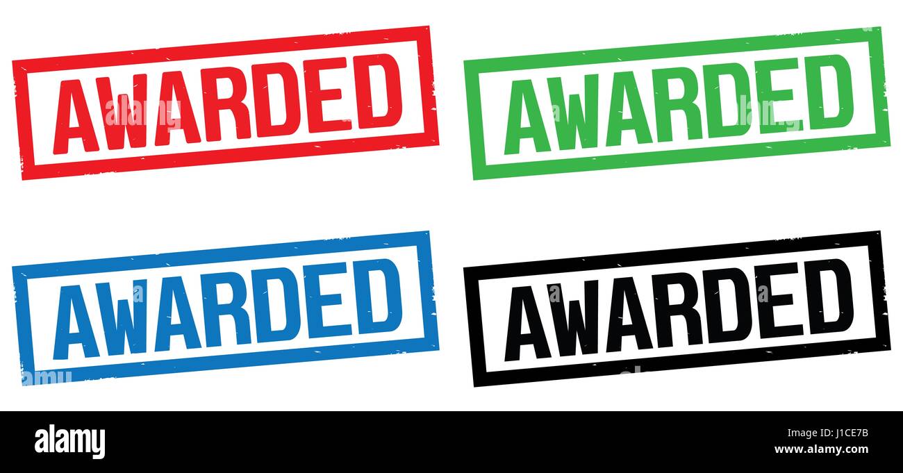 AWARDED text, on rectangle border stamp sign, in color set Stock Photo ...