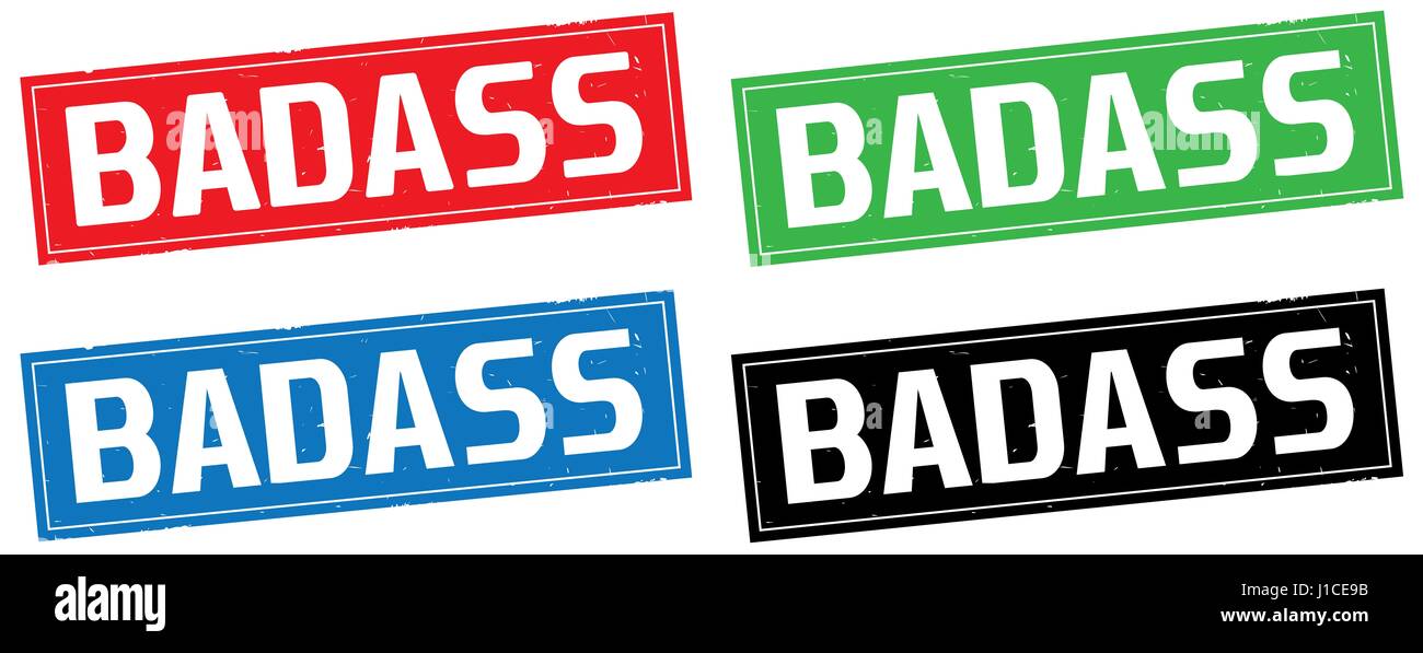 BADASS text, on rectangle stamp sign, in color set Stock Photo - Alamy
