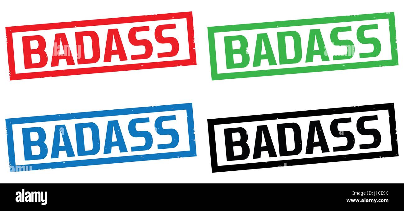 BADASS text, on rectangle border stamp sign, in color set Stock Photo ...