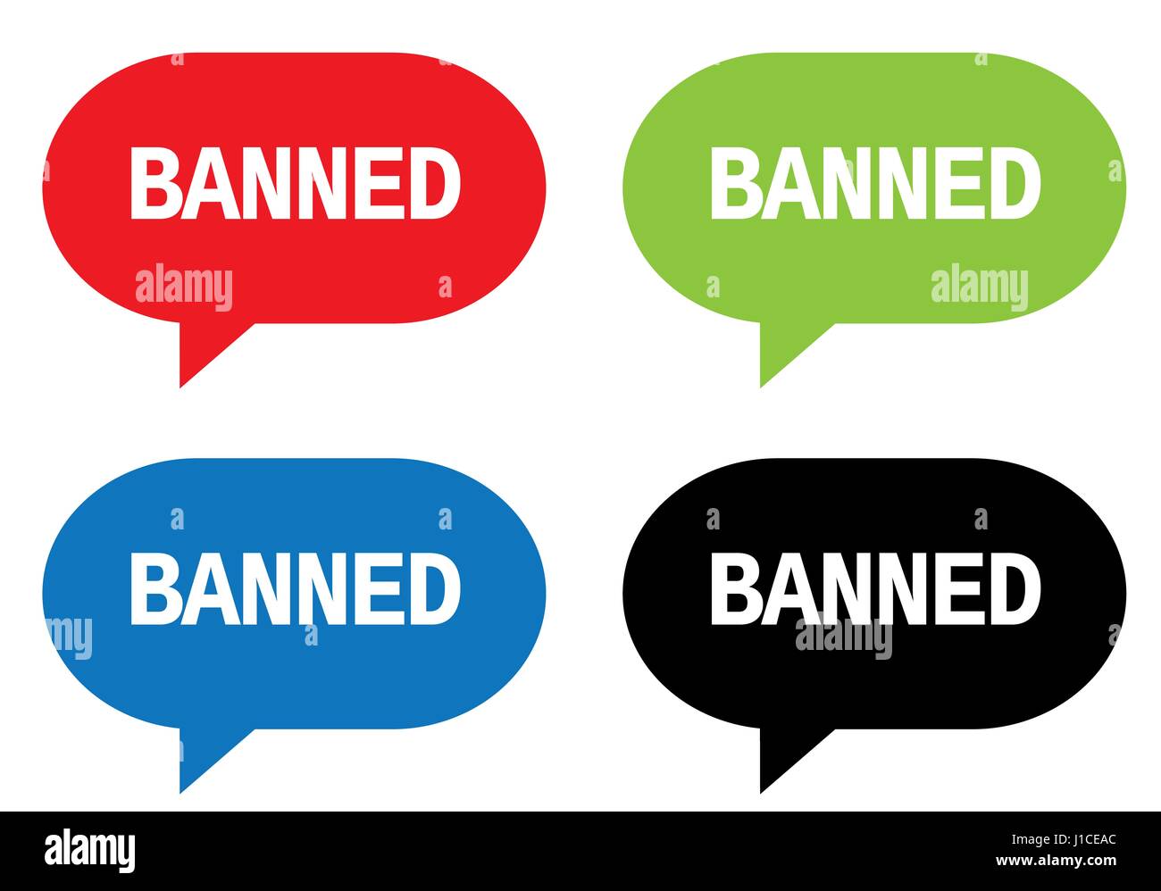 BANNED text, on rectangle speech bubble sign, in color set Stock Photo ...