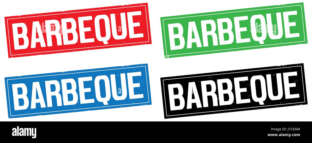 BARBEQUE text, on rectangle stamp sign, in color set Stock Photo - Alamy