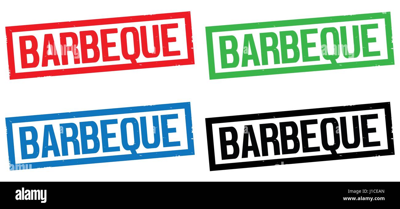 BARBEQUE text, on rectangle border stamp sign, in color set Stock Photo ...
