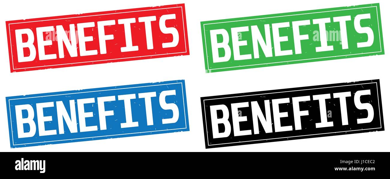 BENEFITS text, on rectangle stamp sign, in color set Stock Photo - Alamy