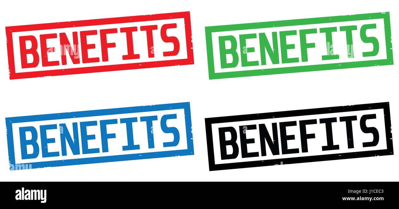 BENEFITS text, on rectangle border stamp sign, in color set Stock Photo ...