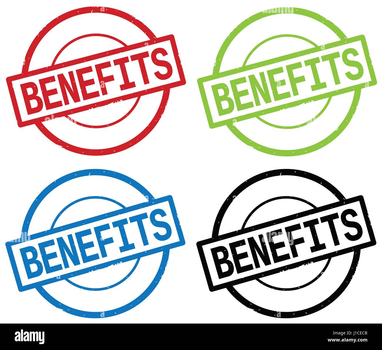 BENEFITS text, on round simple stamp sign, in color set Stock Photo - Alamy